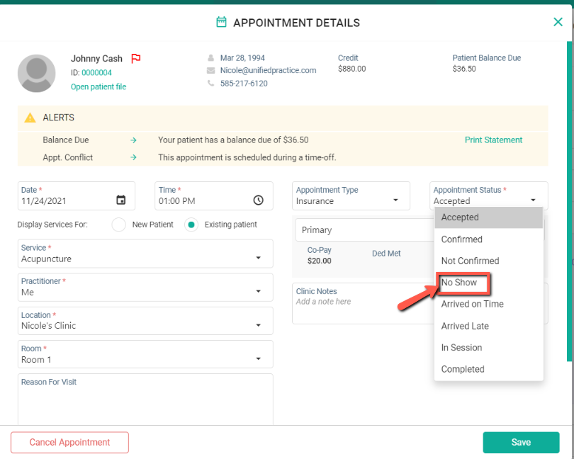 Changing an Appointment Status to No Show